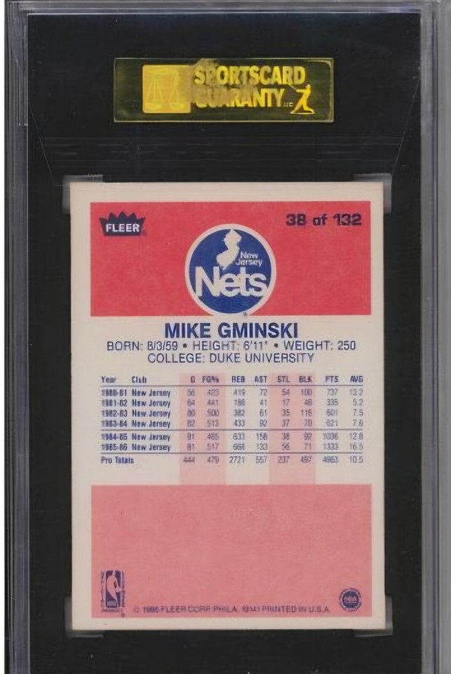 MIKE GMINSKI SGC 8.5 NM-MT Plus 1986 Fleer #38 Duke Nets 92 Graded Card ...
