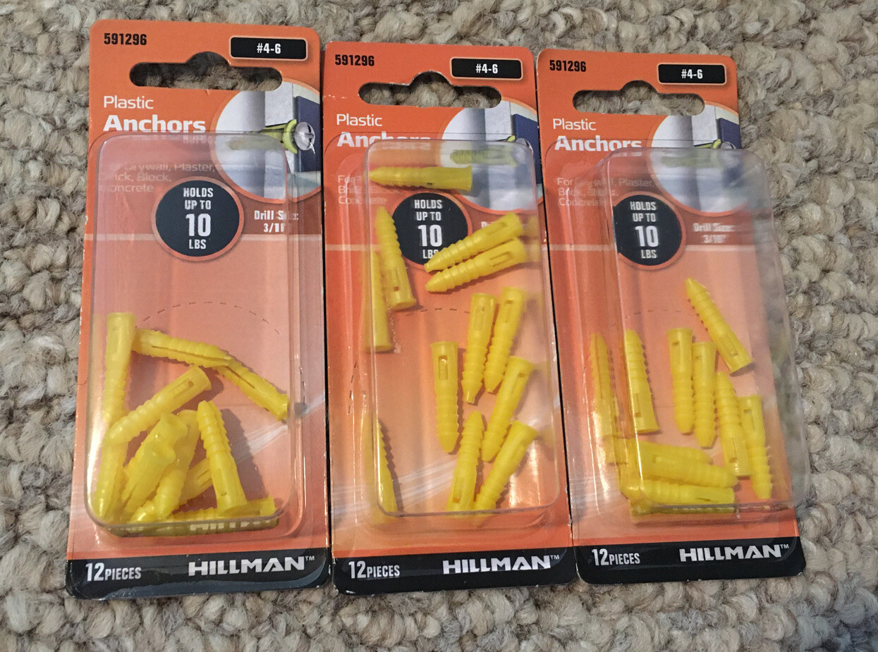 3 Hillman Plastic Anchor Boxes 12 Pieces Each ~ Light Duty Up To 10 ...