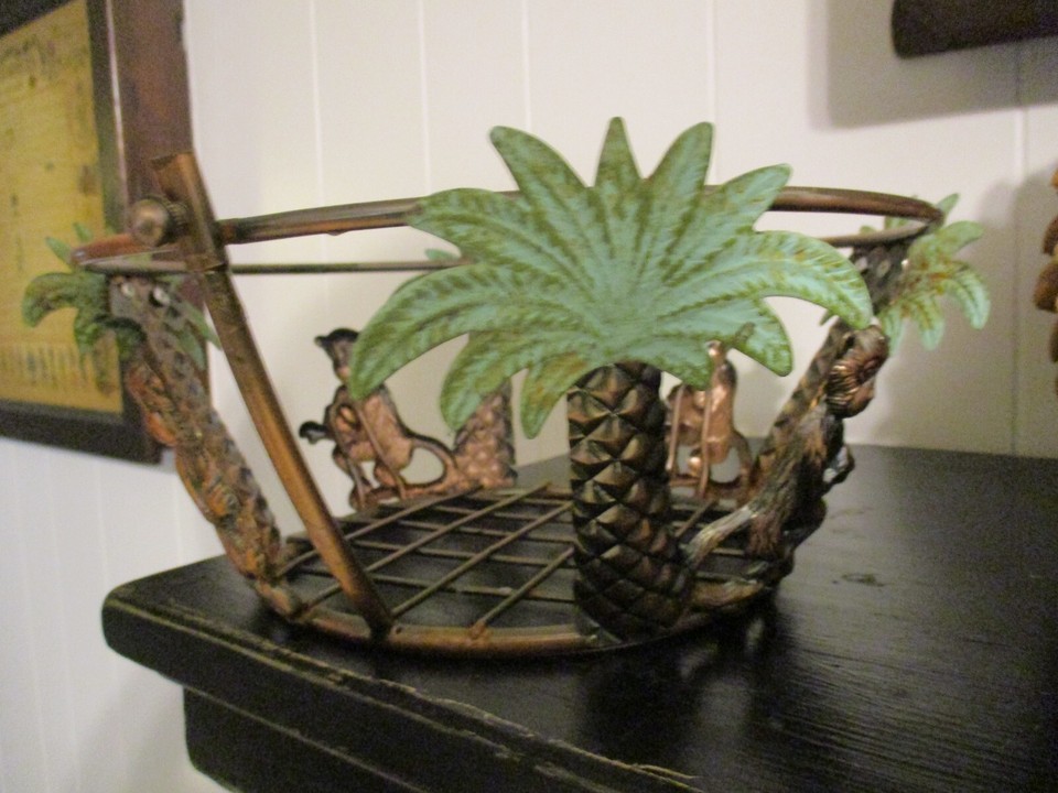 Bronze tone & Green top Palm Trees & monkeys Fruit Basket Bowl 9.5x4 ...