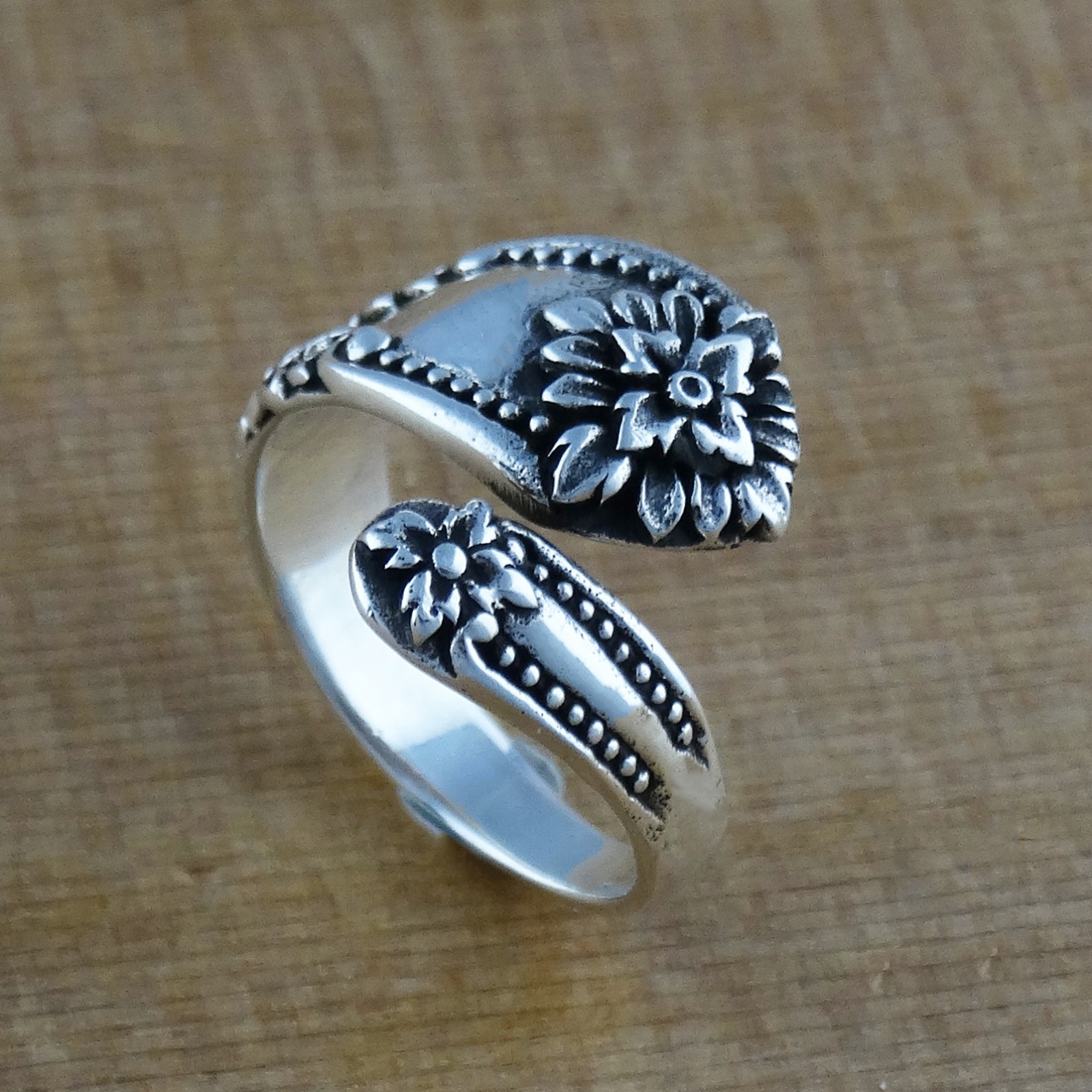 Victorian Flower Spoon Ring - 925 Sterling Silver - Adjustable Sizes 6 ...