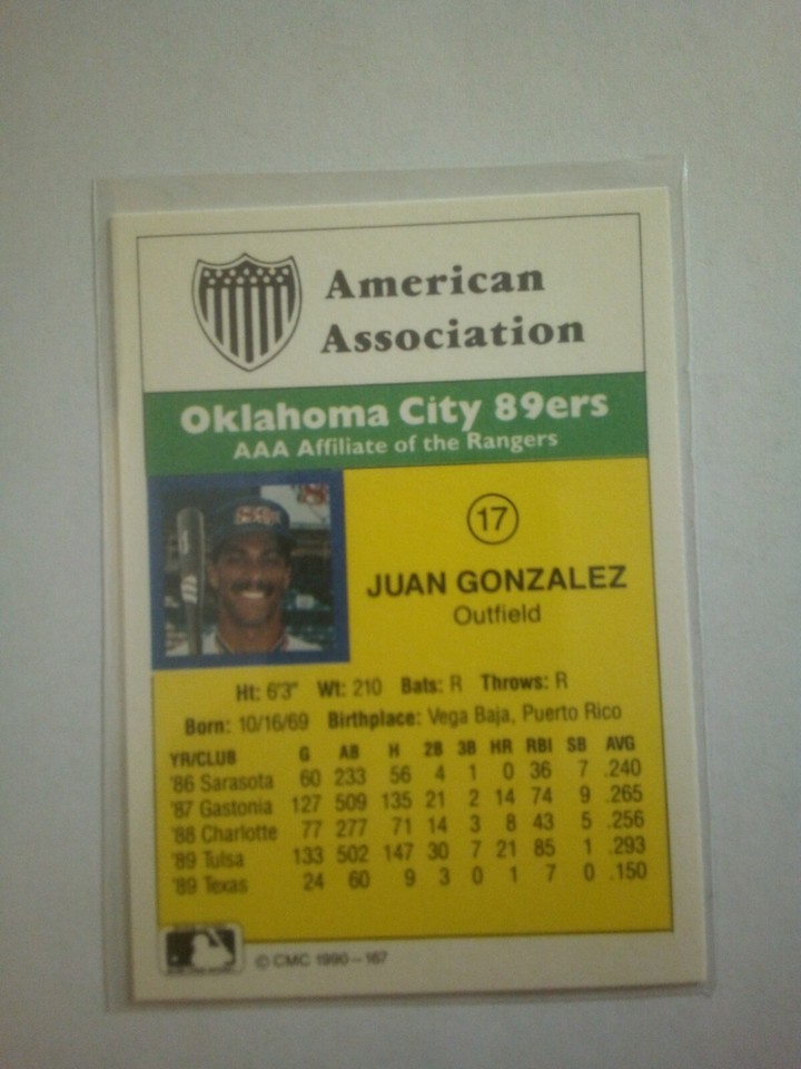 1990 CMC GLOSSY OKLAHOMA CITY 89ERS PRE ROOKIE JUAN GONZALEZ | eBay