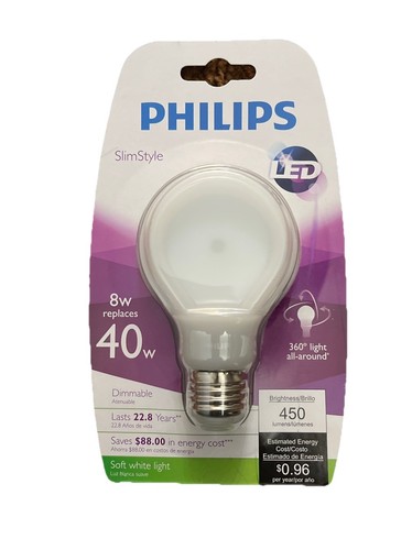 Philips SlimStyle 8w 40w Equivalent Dimmable LED Light Bulb Soft White ...