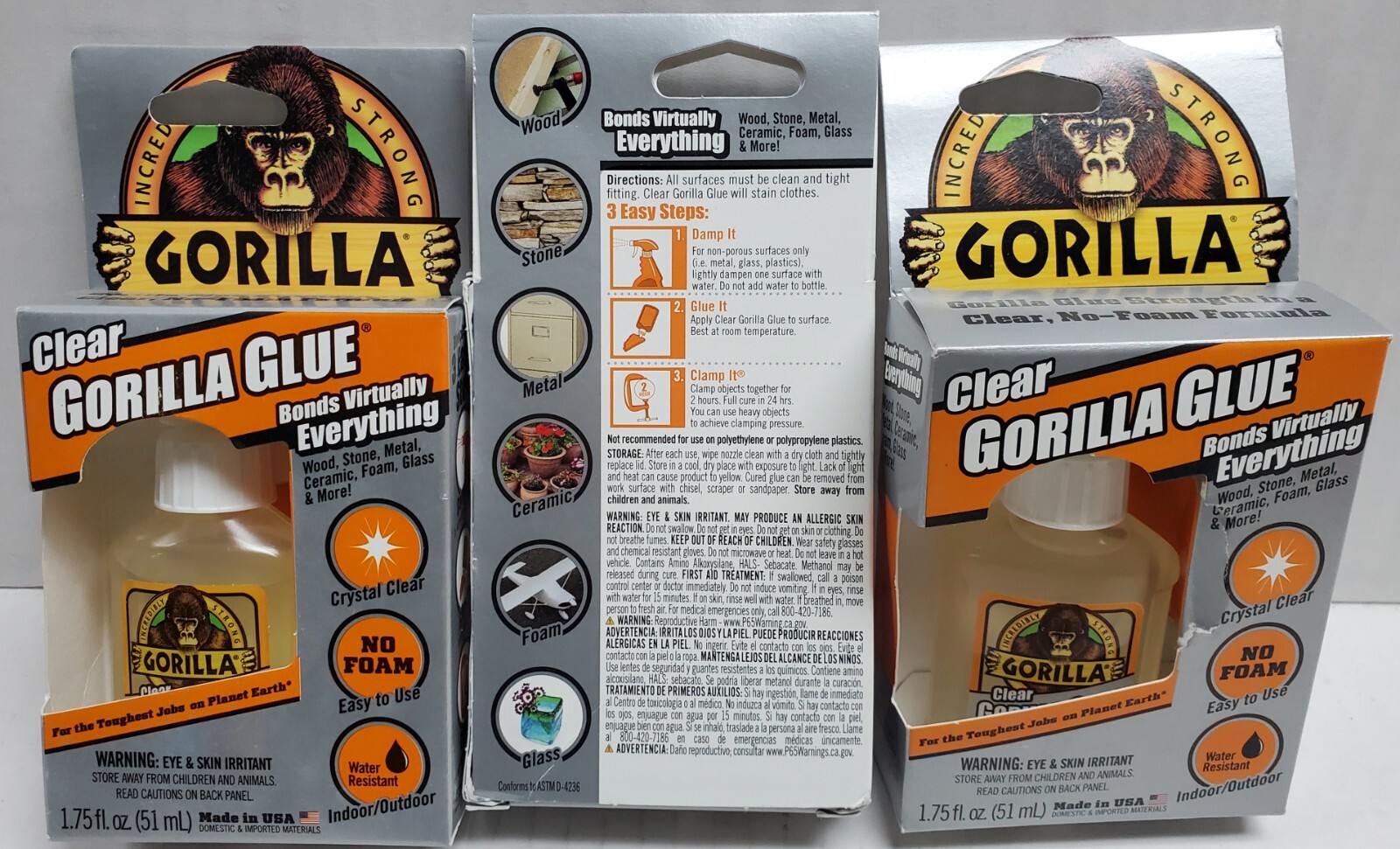 3PK New! Clear Gorilla Glue Water Resistant & Cristal Clear 1.75oz | eBay