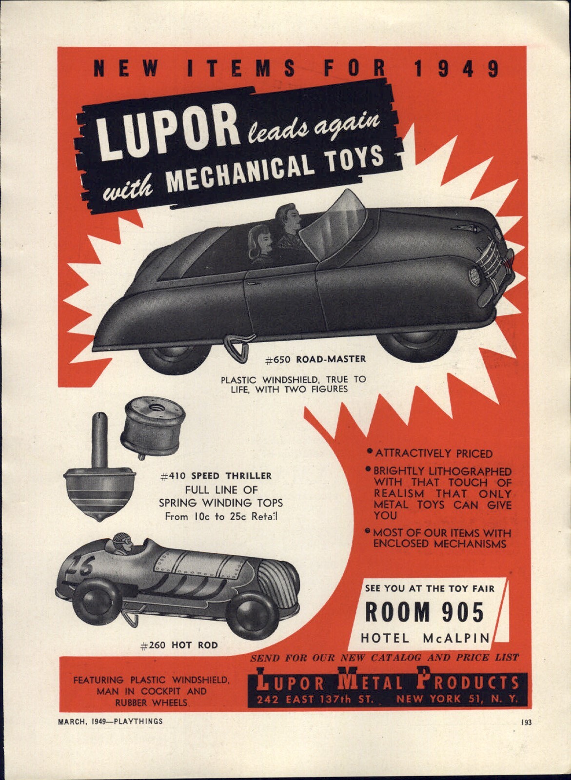 1949 PAPER AD Lupor Metal Toy Company Road Master Mechanical Toys Hot ...
