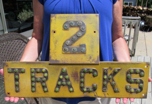 VINTAGE ORIGINAL 2 TRACKS REFLECTIVE GLASS EYE MARBLES RAILROAD SIGN 2 ...