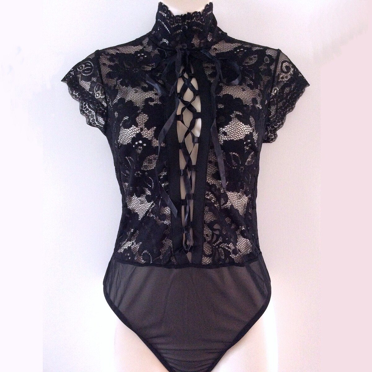 Black LACE-UP Floral LACE Bodysuit CAP SLEEVE Formal LINGERIE Teddy 10 ...