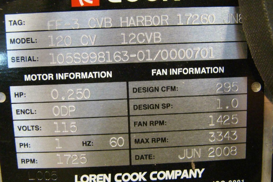 Loren Cook Centri Vane Aluminum Belt Drive 295 CFM Inline Fan 115v ...