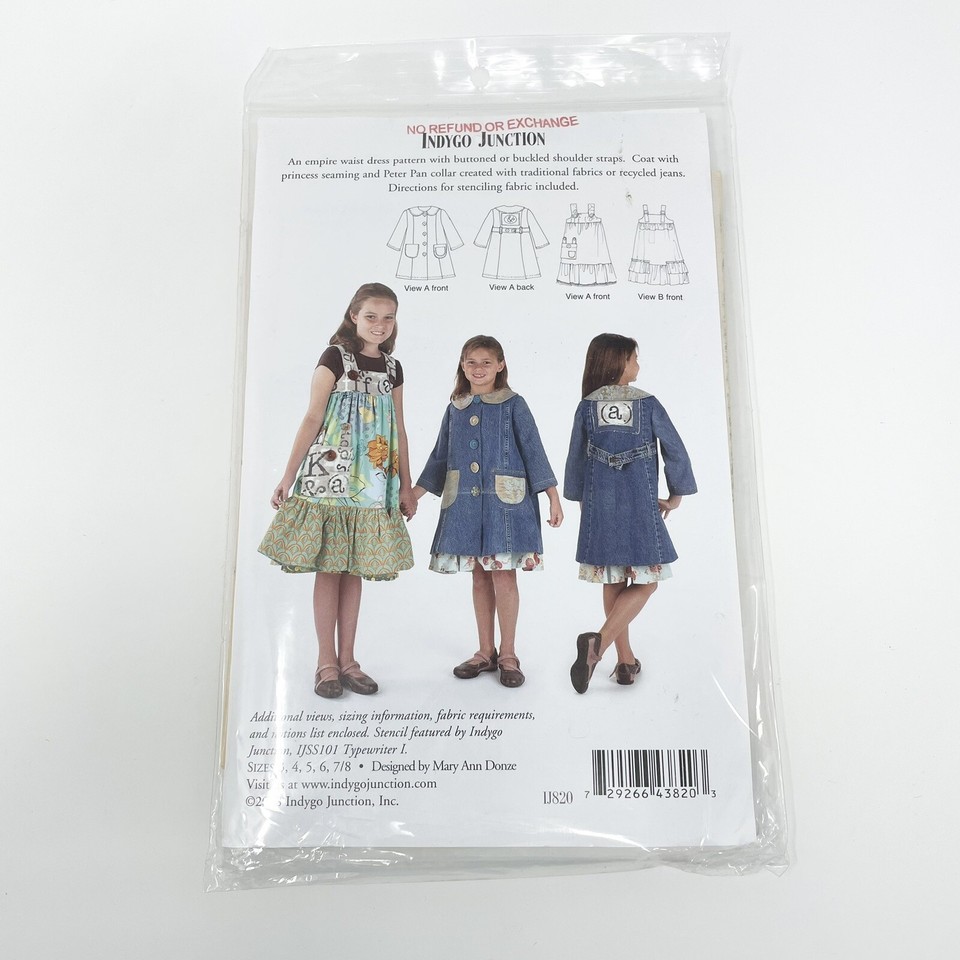 INDYGO JUNCTION Teatime Dress Coat pattern IJ820 - sizes 3, 4, 5, 6, 7/ ...