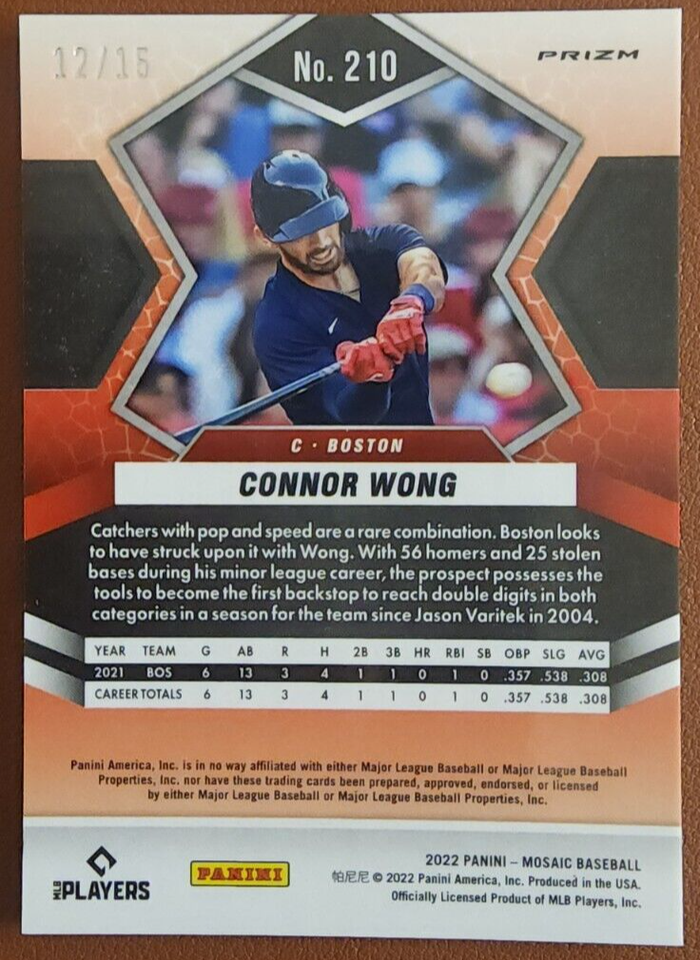2022 Panini Mosaic Baseball Connor Wong 210 Blue Fluorescent /15 Boston ...