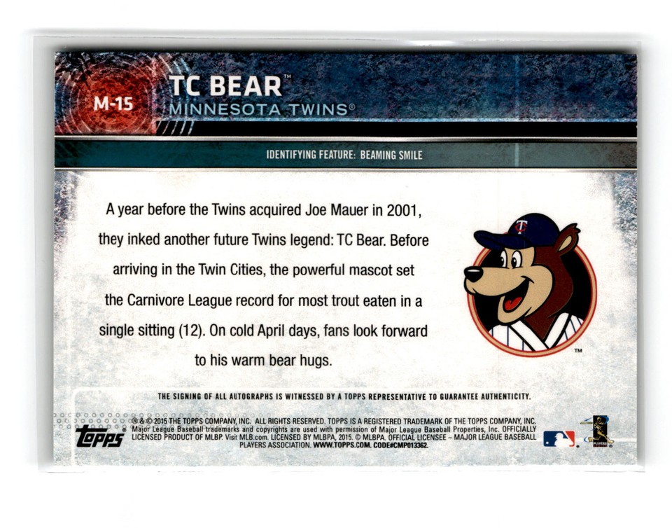 TC Bear 2015 Topps Opening Day Mascots #M-15 Minnesota Twins | eBay