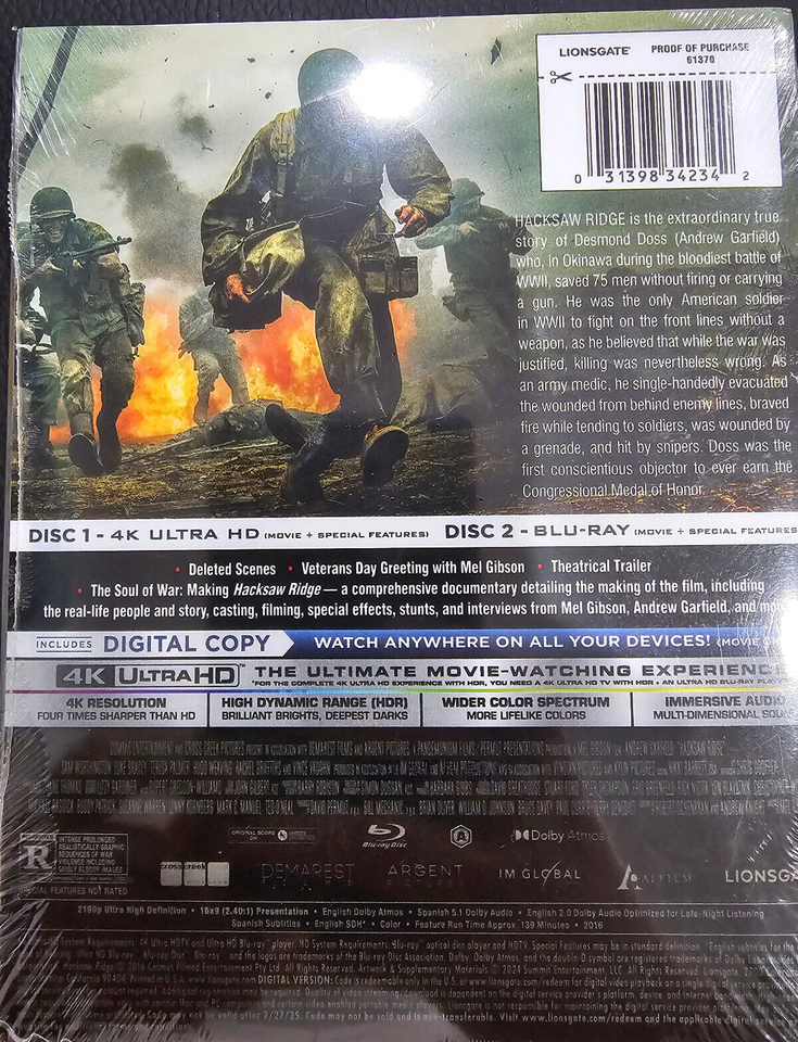 Hacksaw Ridge (4K Ultra HD + Blu-Ray), Steelbook Limited Edition Sealed ...