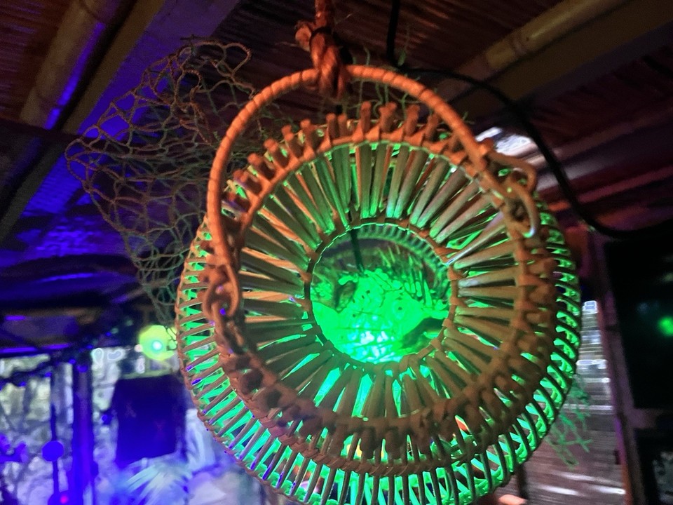 NEW Rattan Fish Trap Lamp W/ Real Puffer Fish Green Led Smokin Tikis ...