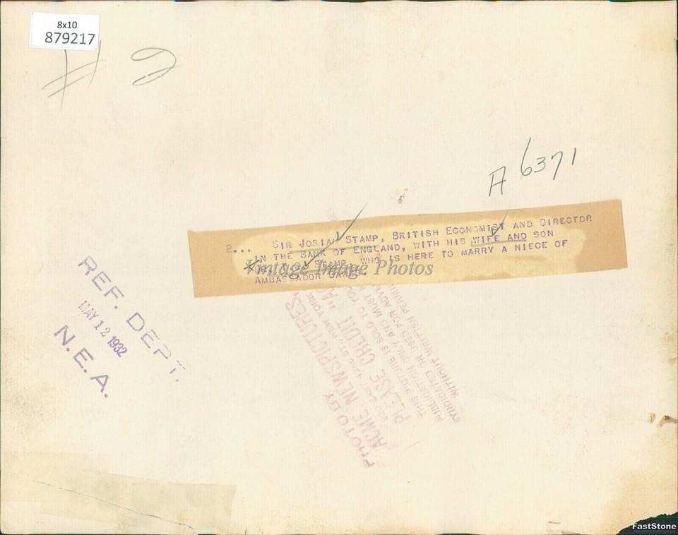 1932 Photo British Economist Sir Josiah Stamp Wife Son Dr T.C Stamp ...