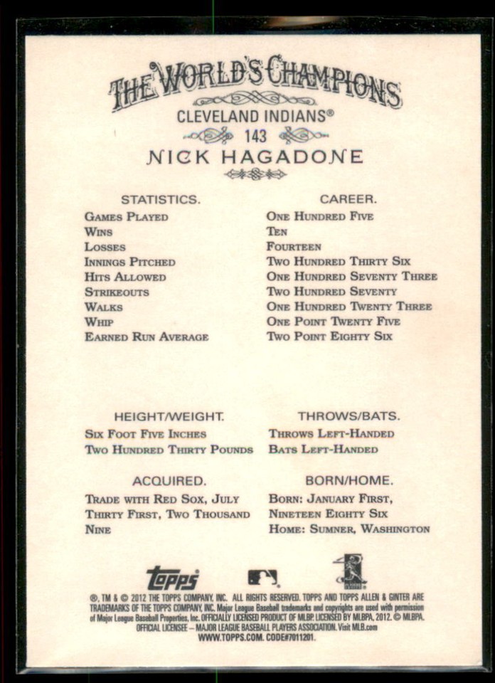 2012 Topps Allen & Ginter Nick Hagadone #143 Cleveland Indians | eBay
