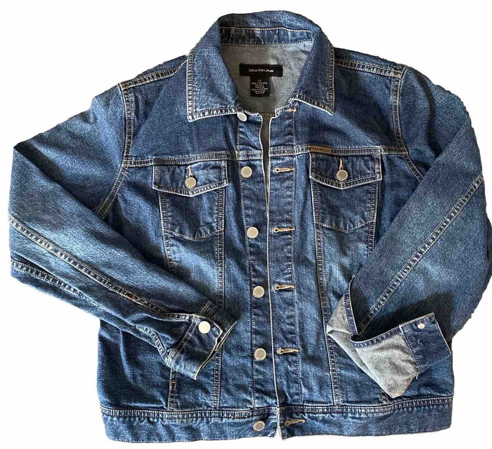 Womens L CALVIN KLEIN CK Blue Denim Jacket Trucker Jean Button Casual ...