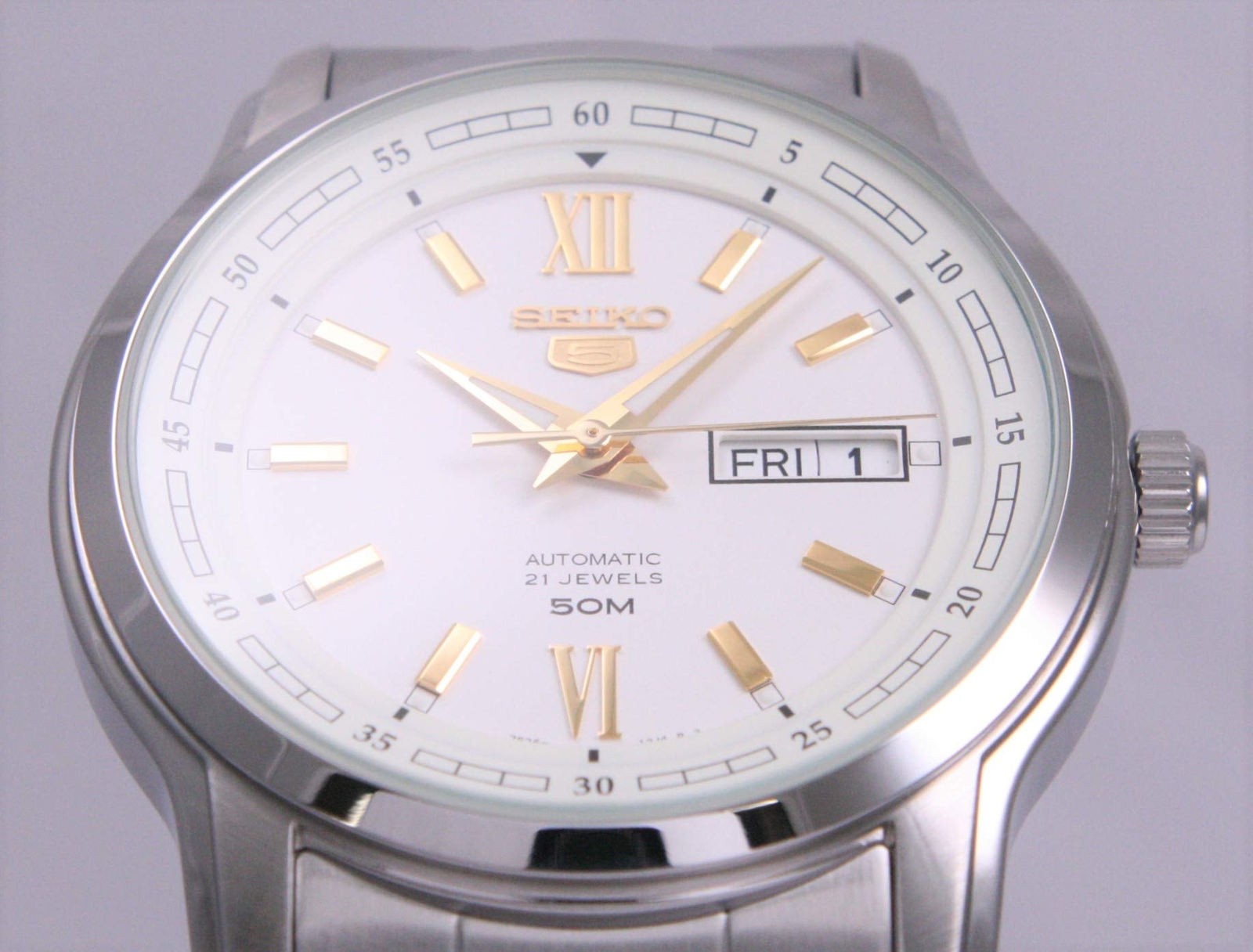 SEIKO 5 Automatic White Dial Men's Watch SNKP15K1 Gold Accent 50M Water ...