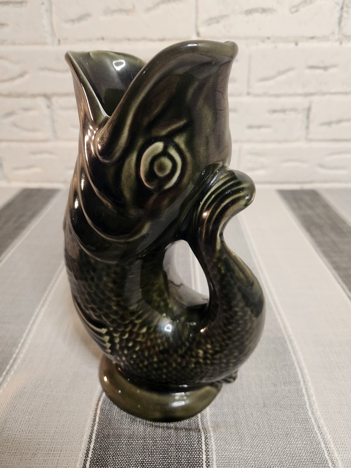 Antique Dartmouth Devon Pottery 9 1/2" Gurgle Fish Pitcher Jug Emrald ...