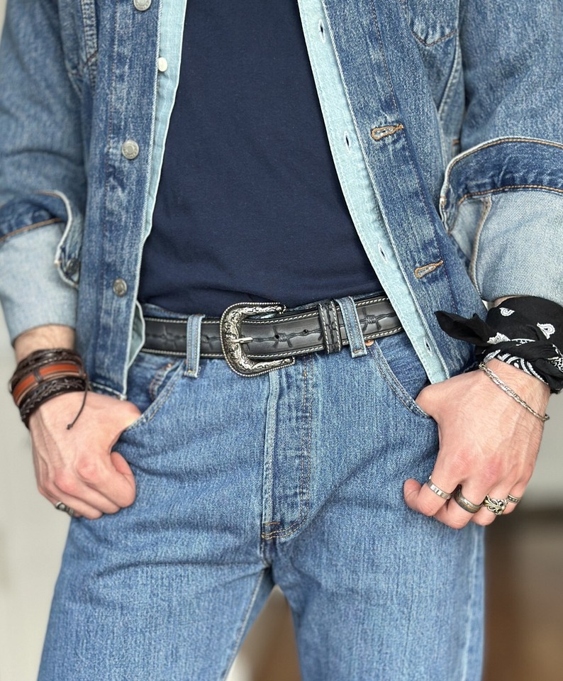 Men’s Western Leather Belt Barbed Wire Embossed – Removable Buckle ...
