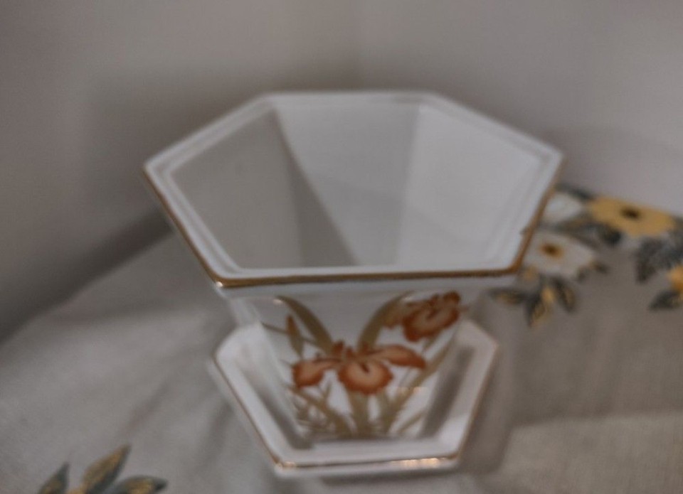 Elegant Hexagonal Iris Print Fine Japan Planter With Base Trimmed In ...