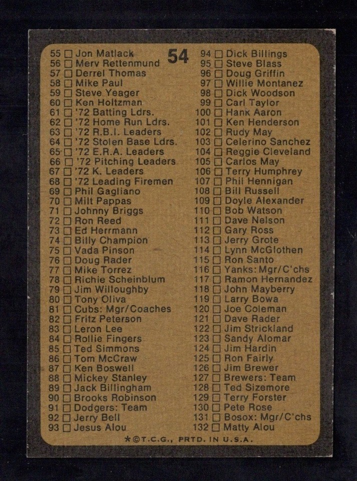 1973 Topps Baseball Card #54 Checklist 1-132 EX-MT *unmarked *ae | eBay