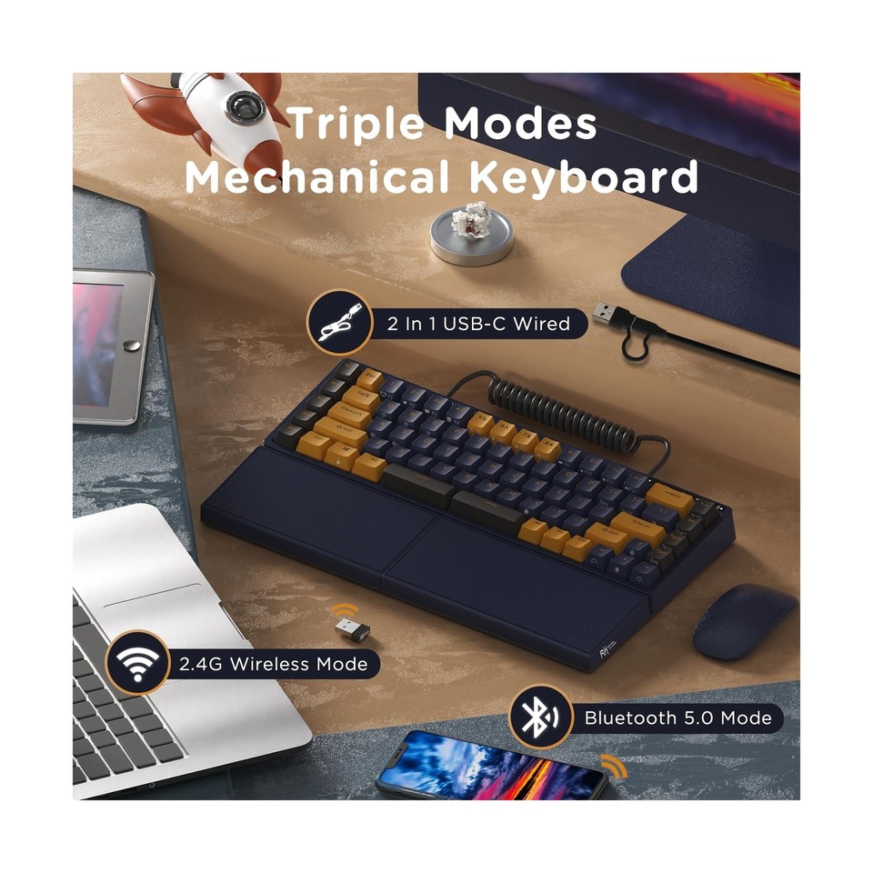 RK ROYAL KLUDGE RKS70 Wireless Gaming Keyboard, Split Bluetooth/2.4G ...