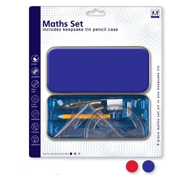 9pc Maths Geometry Stationery Set & Tin School Exam Ruler Compass ...