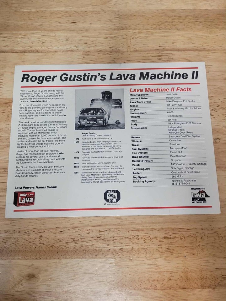 VRHTF NHRA VTG VERY RARE ROGER GUSTIN LAVA JET FUNNY CAR HAND OUT | eBay