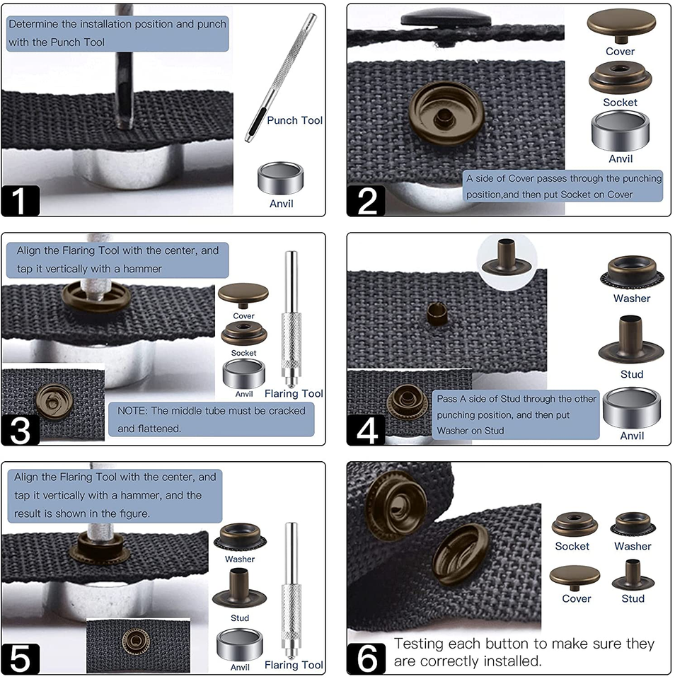 72 Snap Fasteners Kit, 15Mm Marine Grade Snaps for Leather, Fabric ...