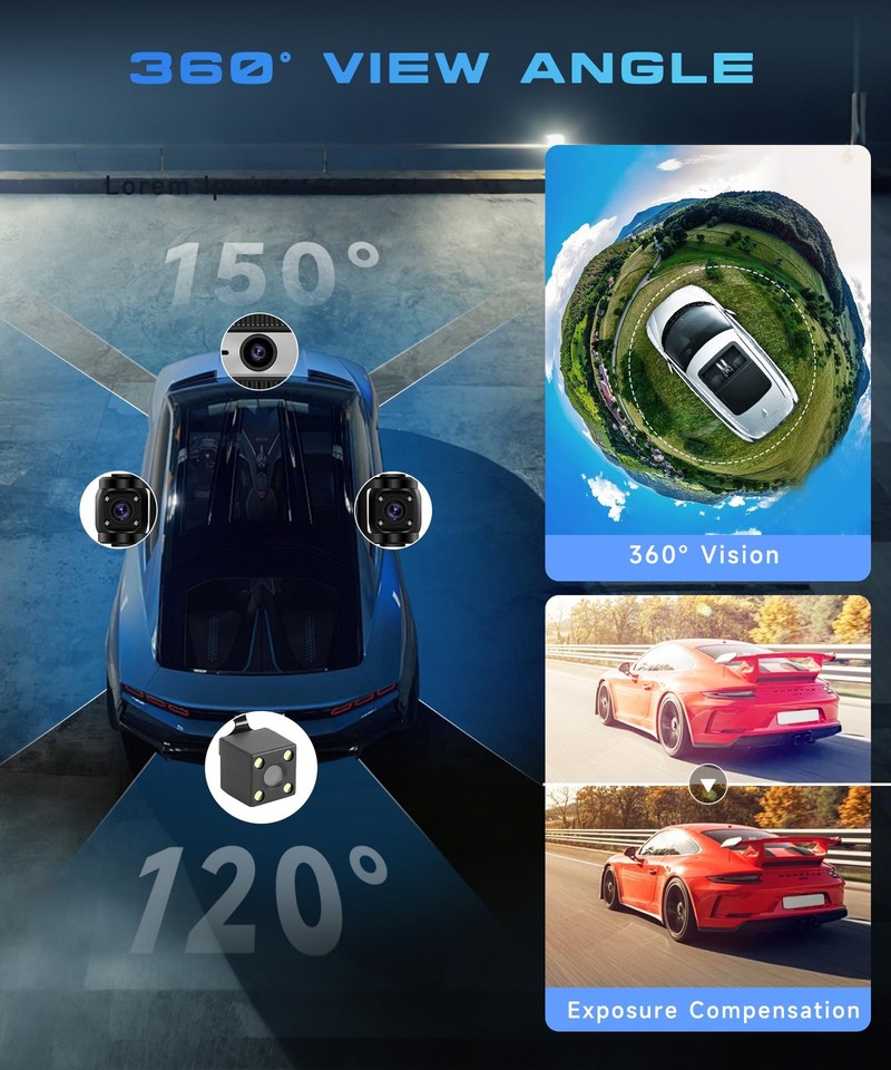 4 Channel Dash Cam 360° View, 1080P Front and Rear Inside, Left Right ...