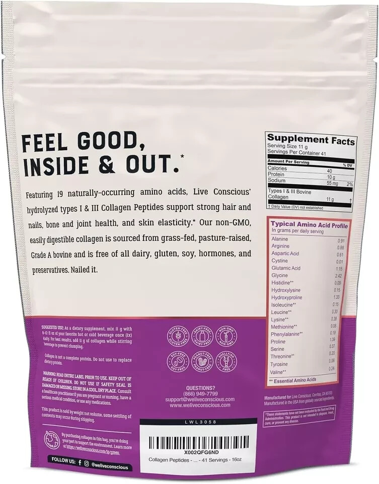Collagen Powder by Live Conscious | Hydrolyzed Collagen Peptides Type I ...
