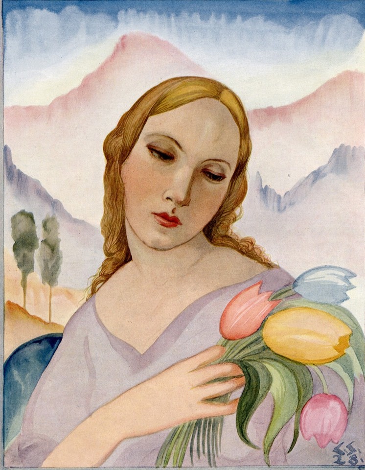 Flora XL German art print 1929 by Carl Seifert * Leipzig woman tulips ...