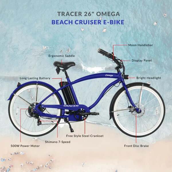 Omega 26" White Wall 7 Speed 48V 500 Watt F&R Disc Brakes Mens Electric ...