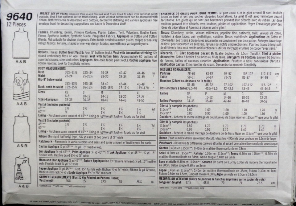 Simplicity pattern 9640 Misses' Vests Multiple variations size L-XL | eBay