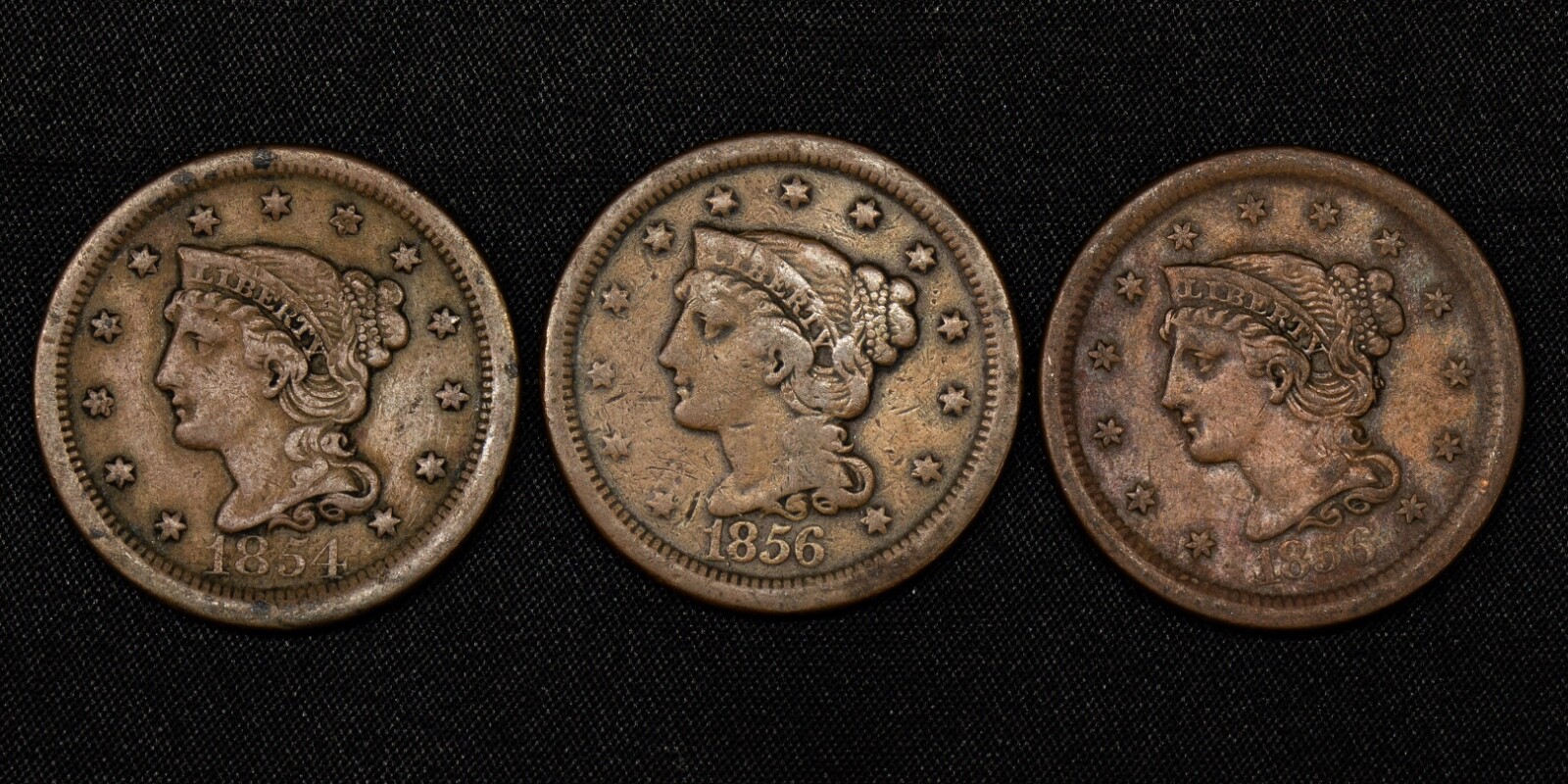 LOT of (3) 1856 Liberty Head Large Cents 1c one cent braided hair ...