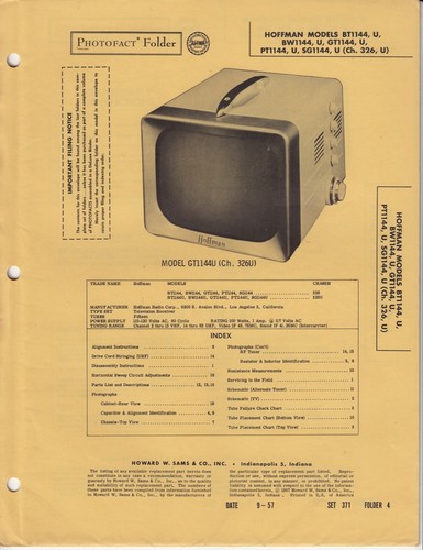 Photofact Folder Hoffman TV Models BT1144 BW 1144 GT1144 PT1144 SG1144 ...
