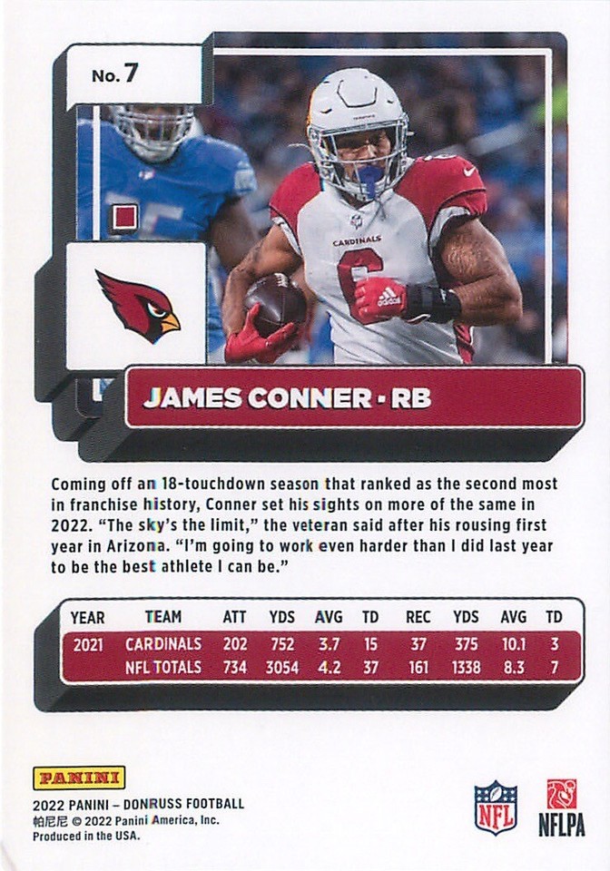 James Conner 2022 Panini Donruss Football NFL Base Card #7 Arizona ...