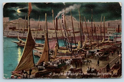 Postcard MD Baltimore A Busy Scene Along The Wharves at Night 1908 View ...