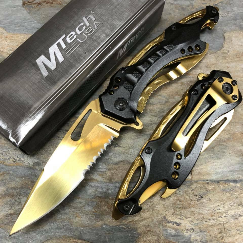 MTech BLACK & GOLD TITANIUM Spring Assisted ALUMINUM HANDLE Pocket ...