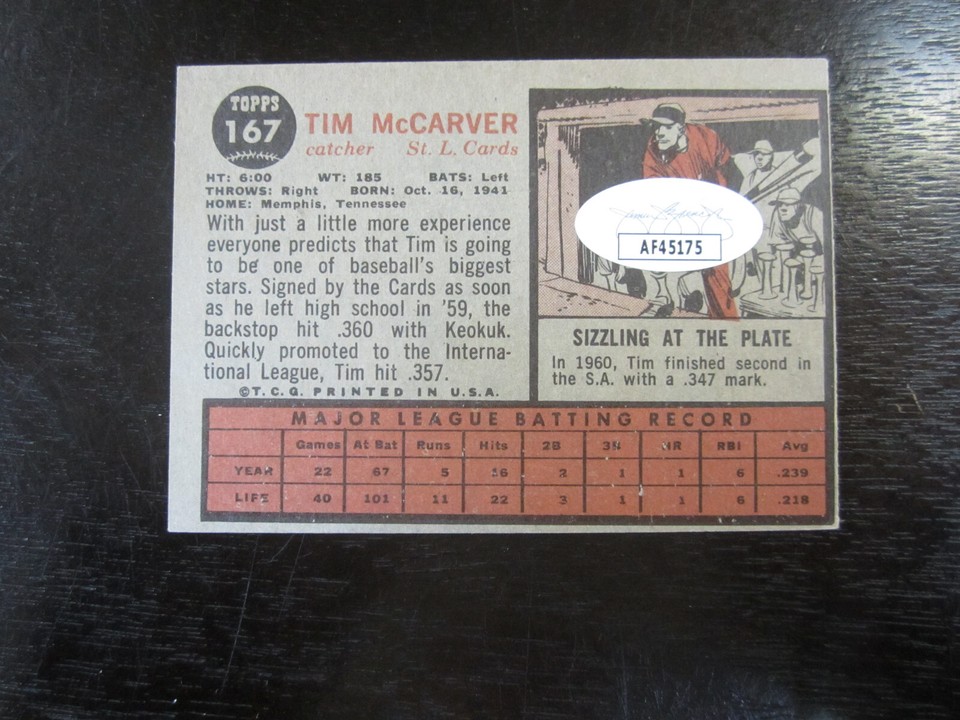 1962 Topps # 167 Tim McCarver Autograph Signed Card JSA (M) St Louis ...