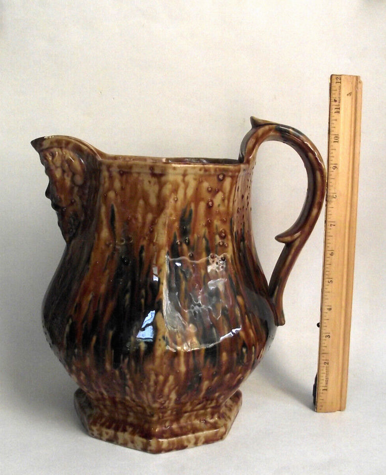 ANTIQUE 11" ROCKINGHAM BENNINGTON GLAZED PITCHER JUG FACE MASK SPOUT ...