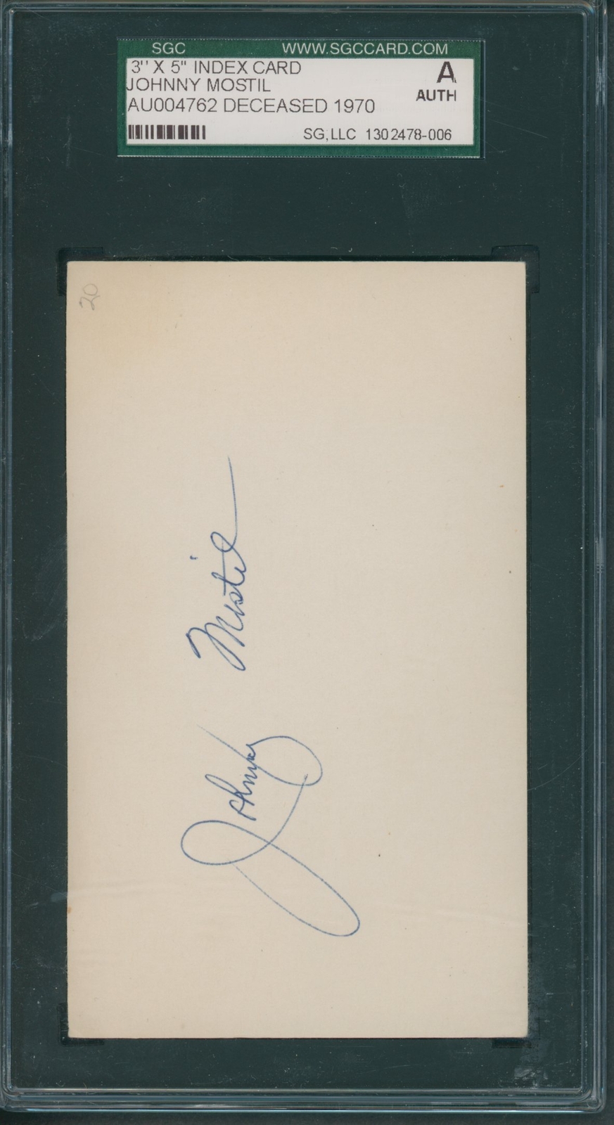 Johnny Mostil Signed Index Card SGC Certified Authentic Autograph *8006 ...