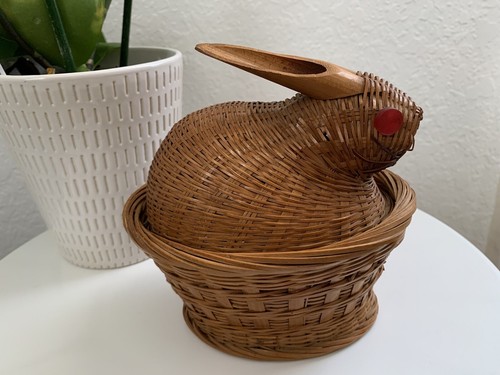 Vtg Wicker Basket Easter Bunny Rabbit Bamboo Ears, Paul Marshall Red ...