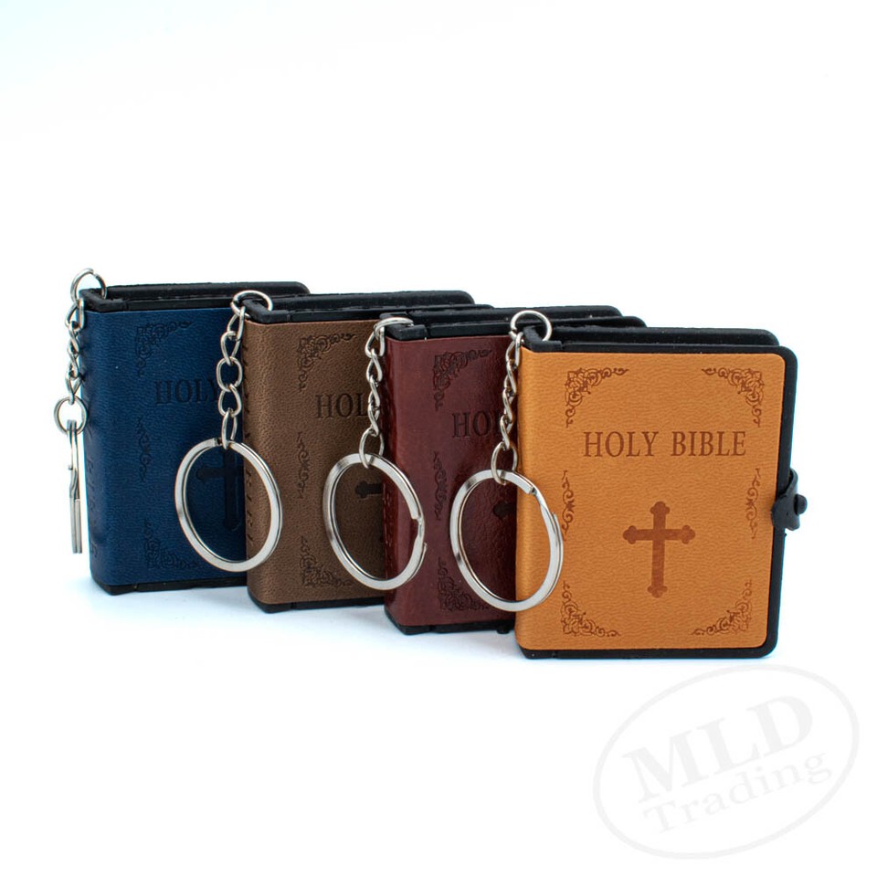 Leather Mini Bible Keychain 2.5x2" Real Readable Text 4 Color Options w ...