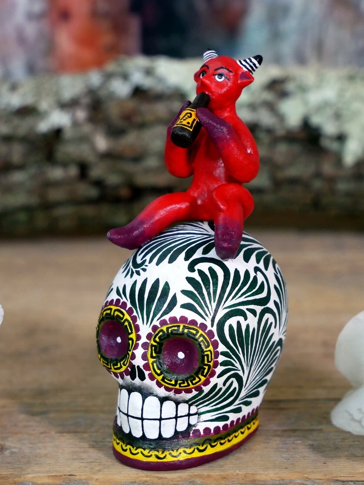 Baby Devil Drinking a Beer Sugar Skull Day of the Dead Handmade Mexican ...