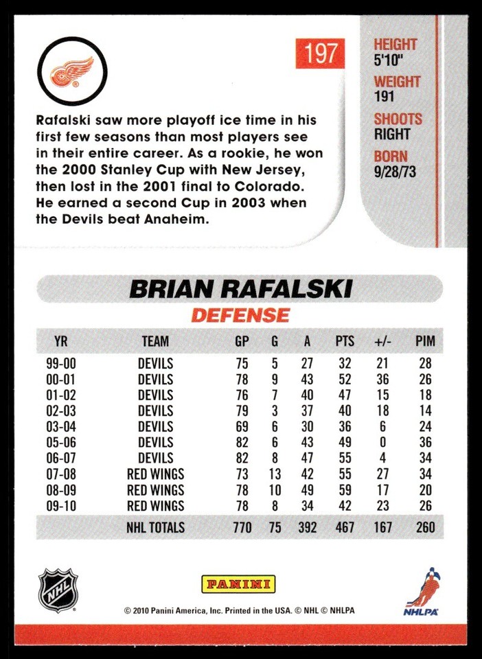 2010-11 Score Brian Rafalski Detroit Red Wings #197 | eBay
