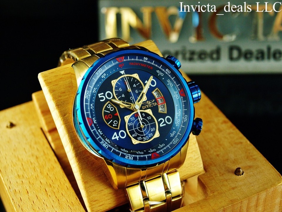 Invicta Men's 48mm AVIATOR Chronograph BLUE DIAL Gold Tone Blue Bezel ...