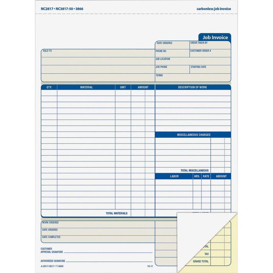 Adams Job Invoice Forms, 2-Part Carbonless, for Service and Repair ...