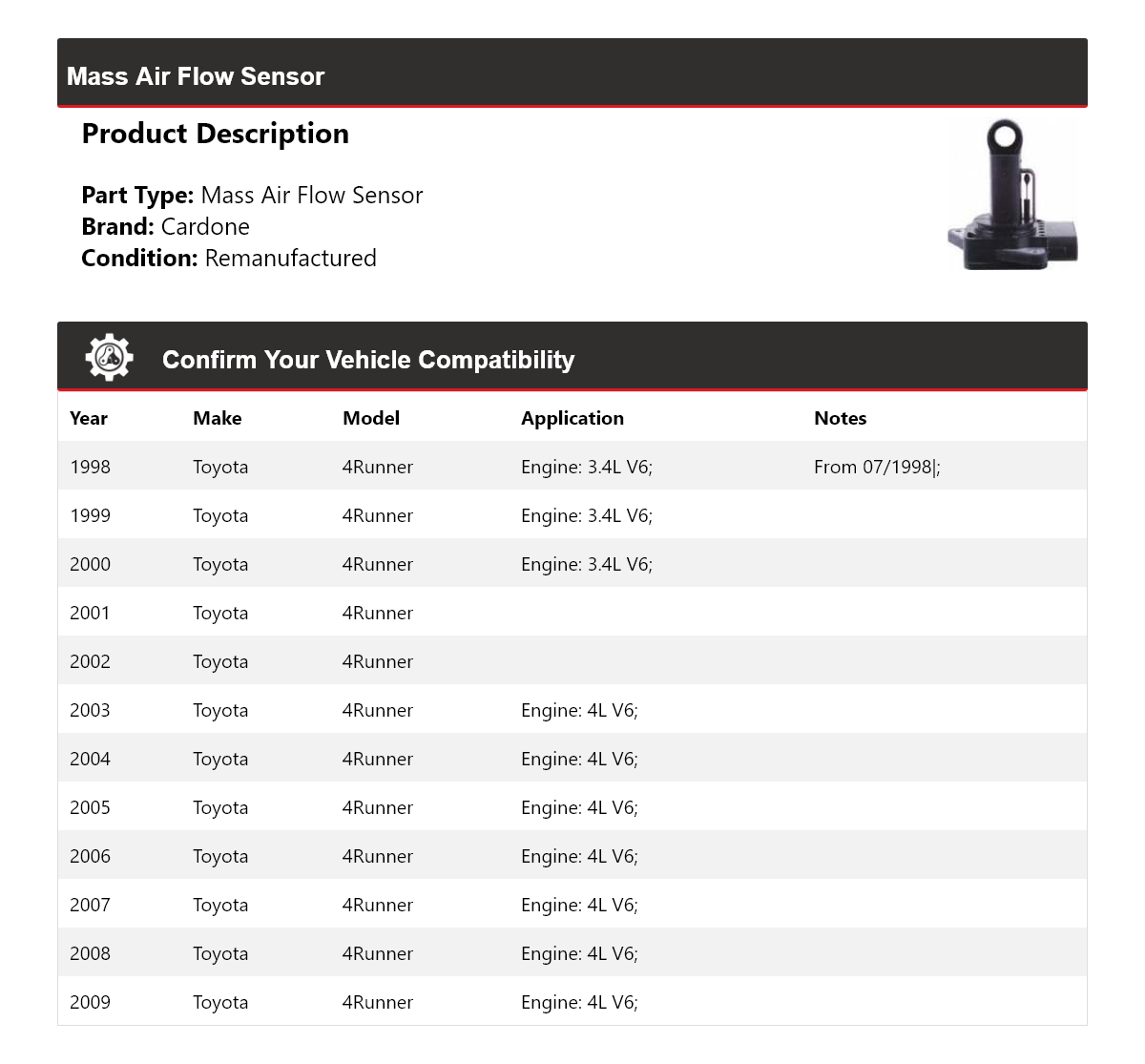 For 1998-2009 Toyota 4Runner Mass Air Flow Sensor Cardone 1999 2000 ...