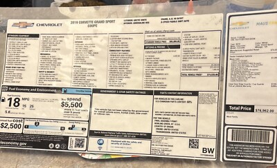 Dealer Window Sticker 2019 Corvette Grand Sport Coupe | eBay