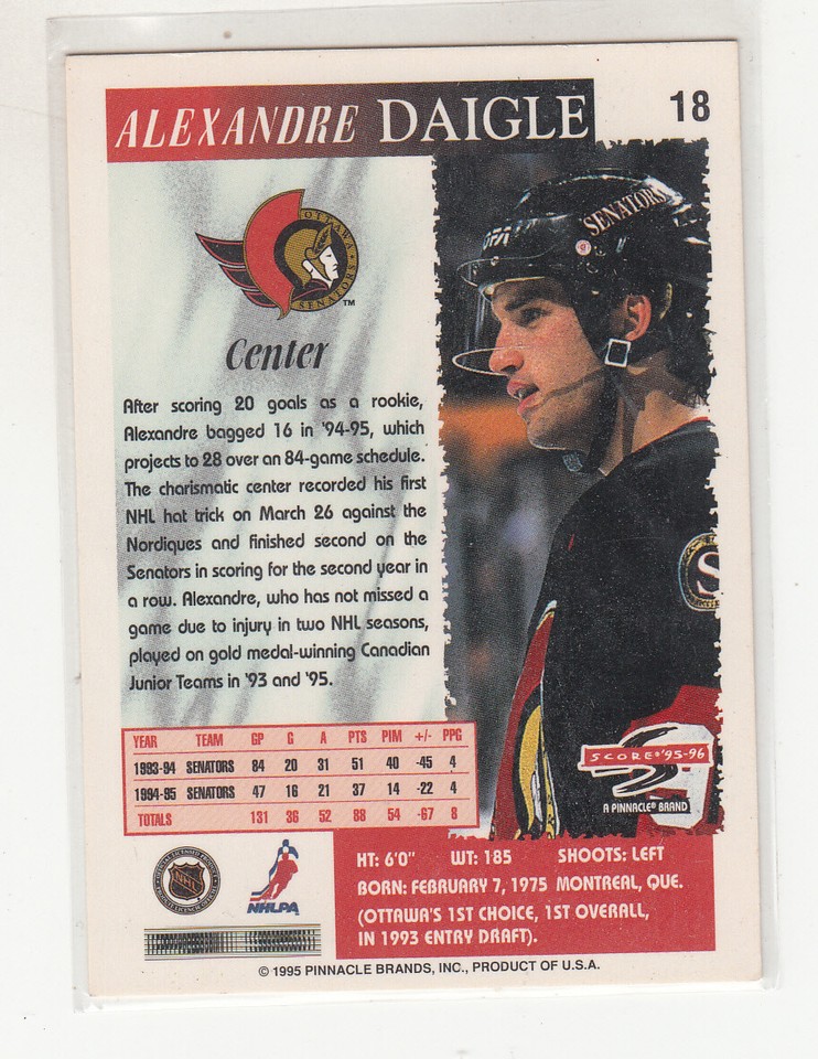 ALEXANDRE DAIGLE 1995-96 Score #18 Ottawa Senators TTM IP Autographed ...